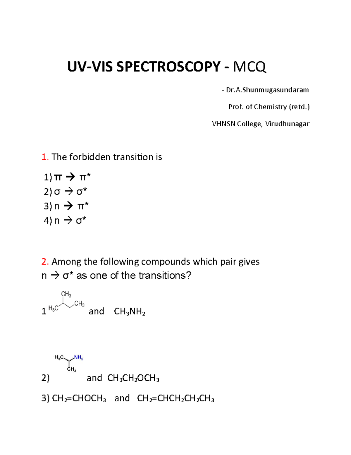 683568296 UV-Vis Organic Spectroscopy MCQs and Answers - Studocu