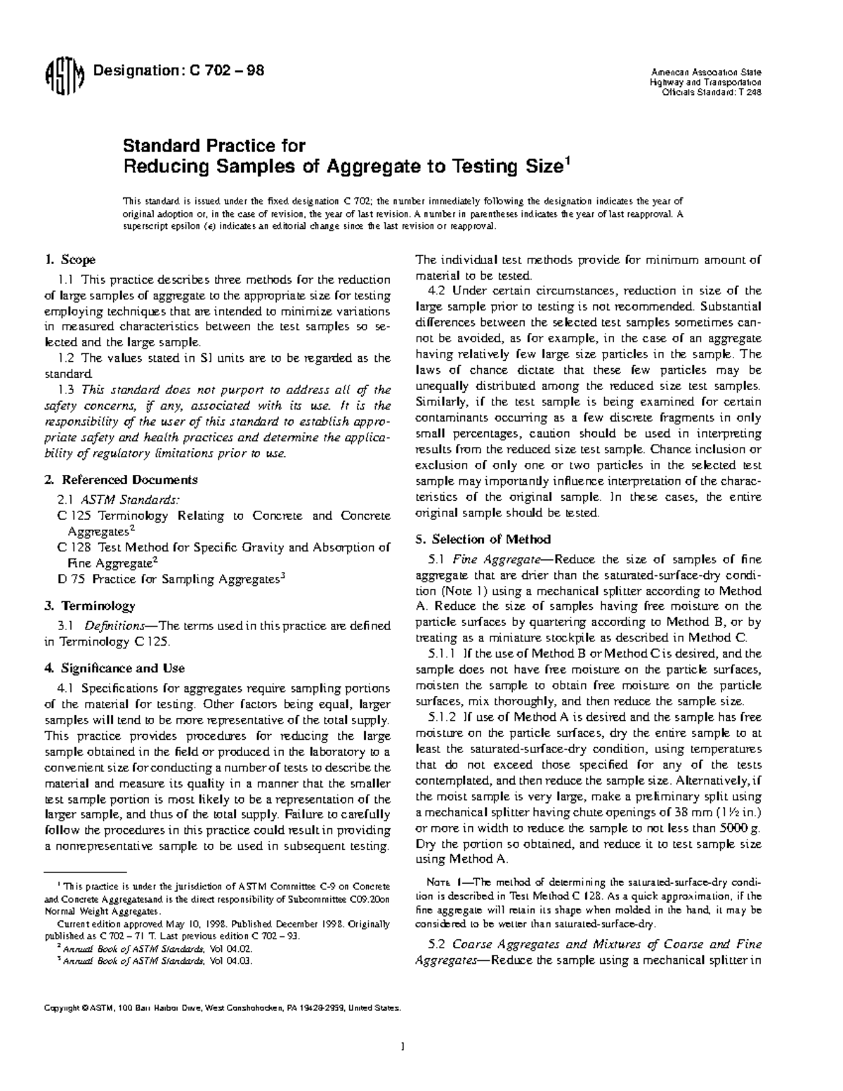 C 702 Standard Practice for Reducing Aggregate Samples - Studocu