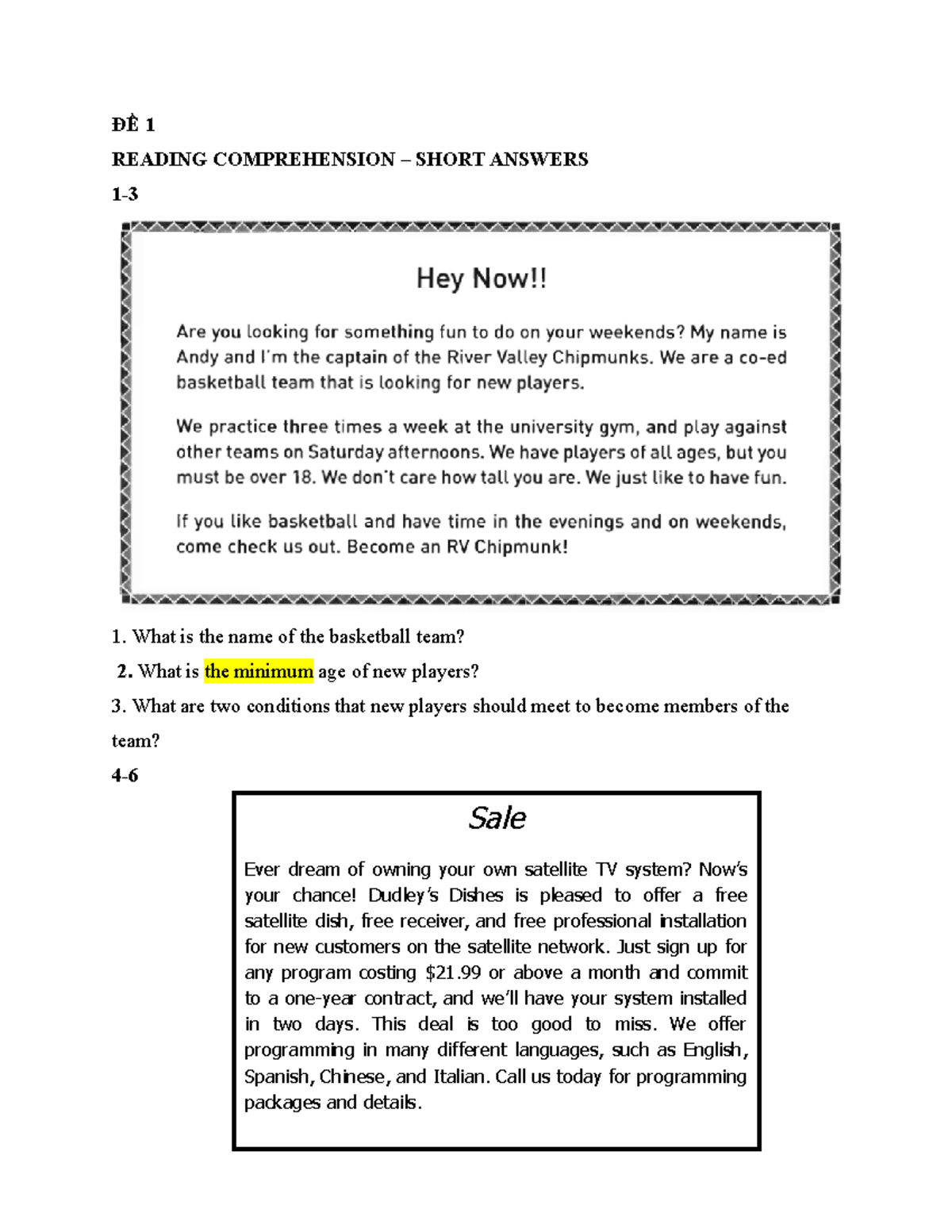 Reading Short Answer ĐỀ 1 - ĐỀ 1 READING COMPREHENSION – SHORT ANSWERS ...