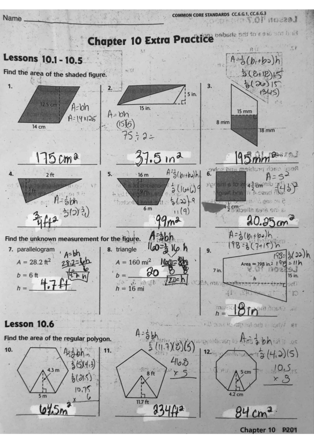 Ch 10 review key - Name COMMON CORE STANDARDS CC.6.G, CC.6.G TOT moreal ...