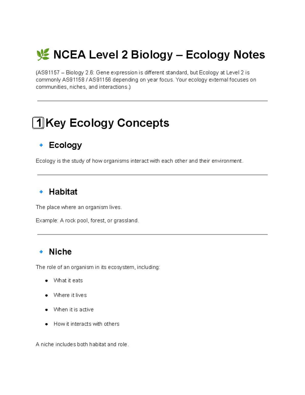 Biology Level 2 Ecology Notes (AS91158, AS91156) - Studocu