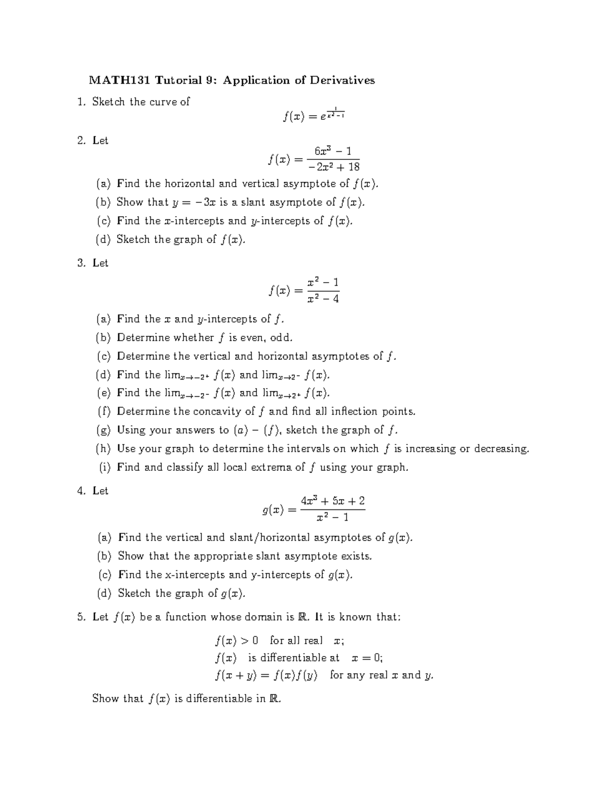 MATH131 Tutorial 9: Applications of Derivatives and Asymptotes - Studocu