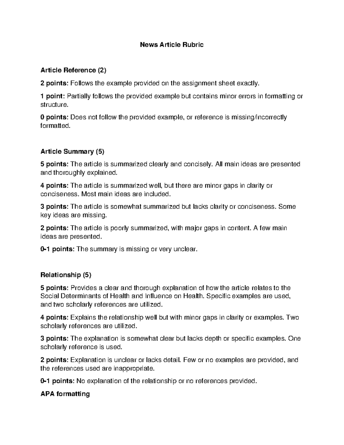 Revised News Article Rubric for Fall 2024 Evaluation - Studocu