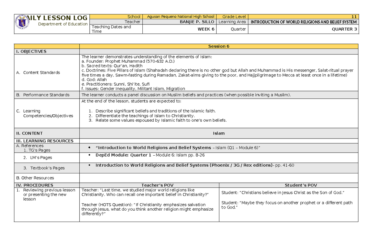 IWRBS Lesson Plan Q1 Week 6: Understanding Islam and Beliefs - Studocu