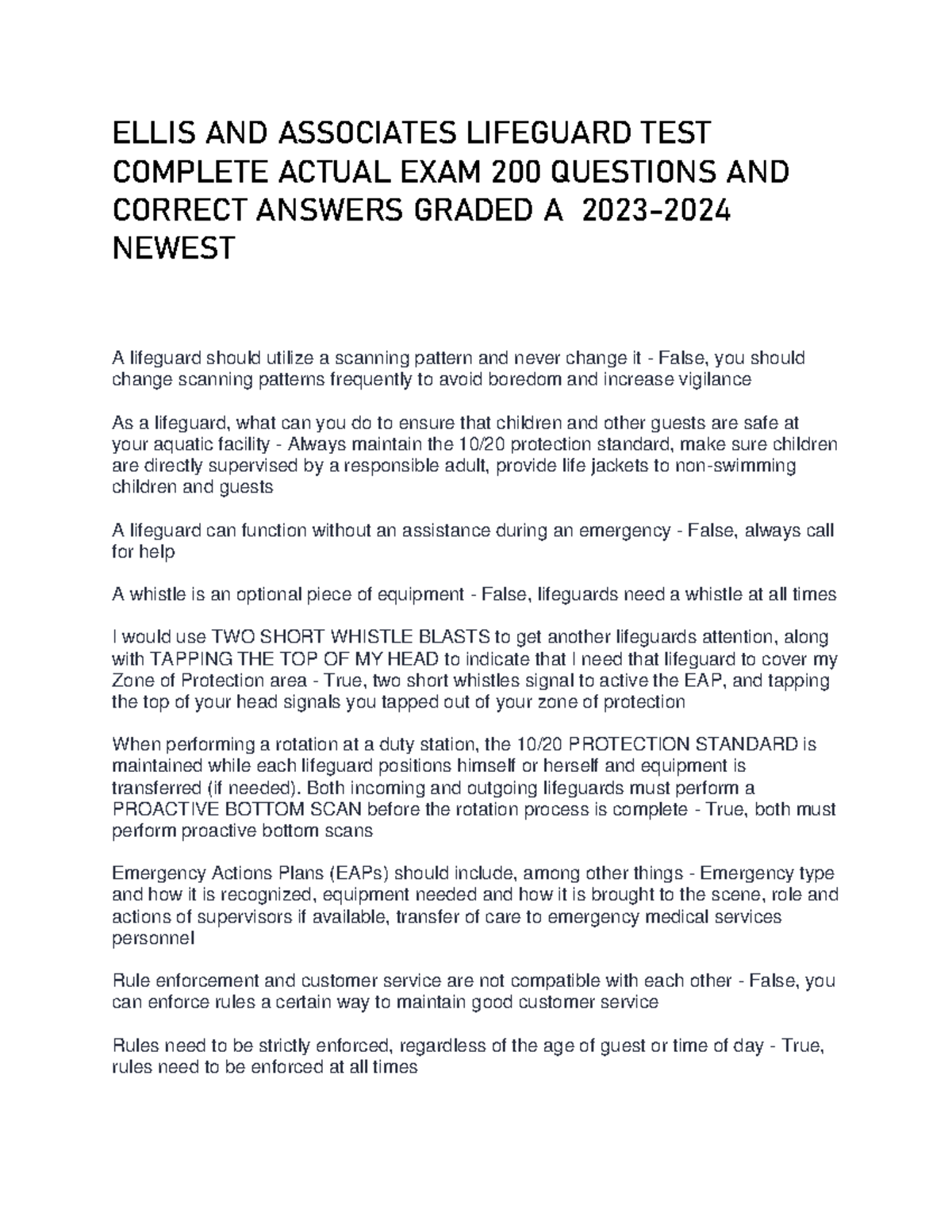 Ellis & Associates Lifeguard Test: 200 Questions & Answers Guide - Studocu