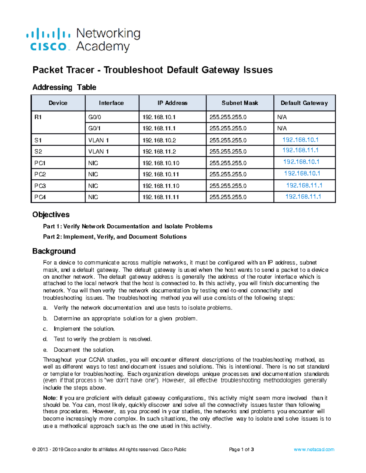 CCNA 10 - Troubleshooting Default Gateway Issues in Packet Tracer - Studocu