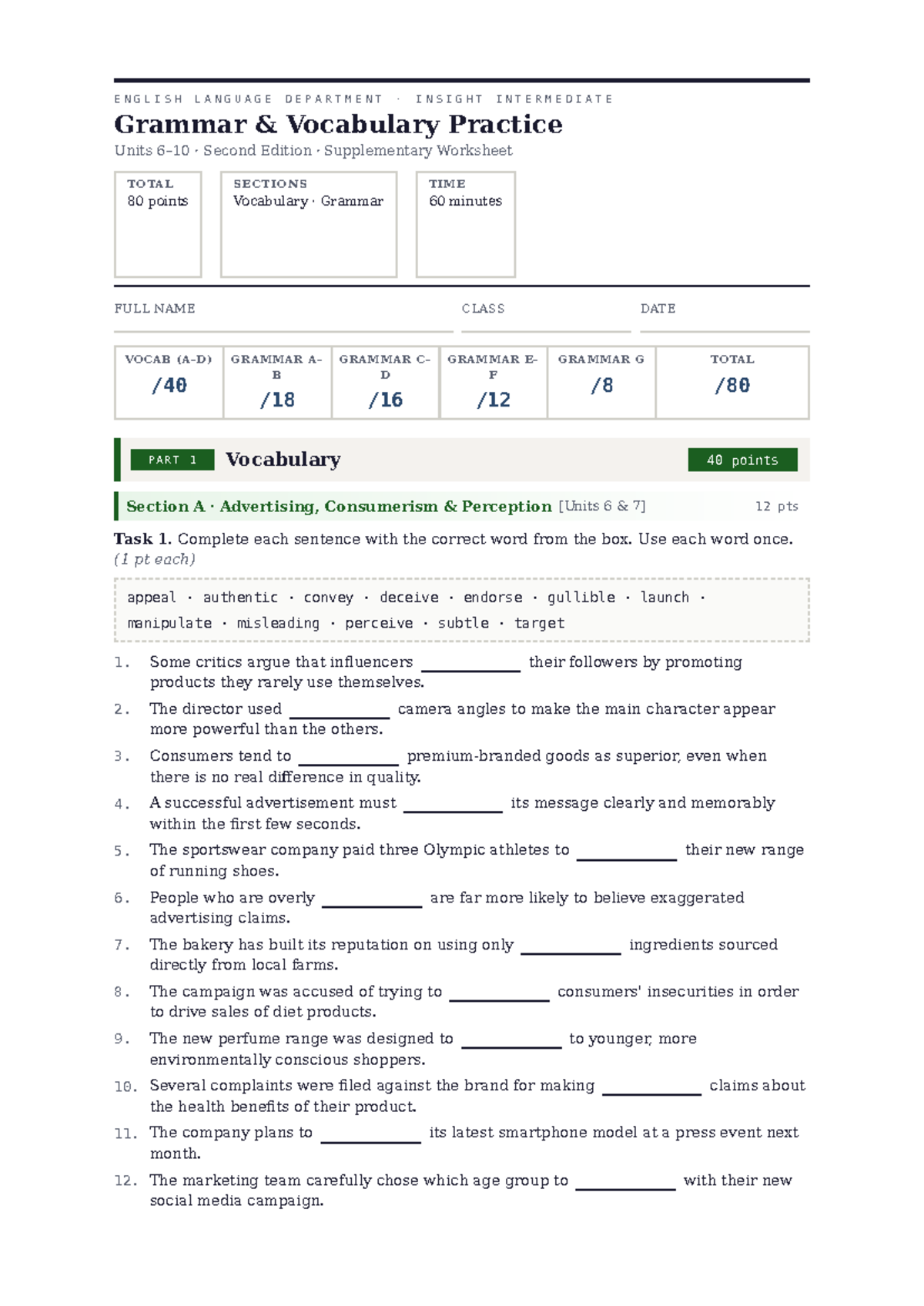 ENGLISH 101: Grammar Vocabulary Practice Units - Intermediate Level ...