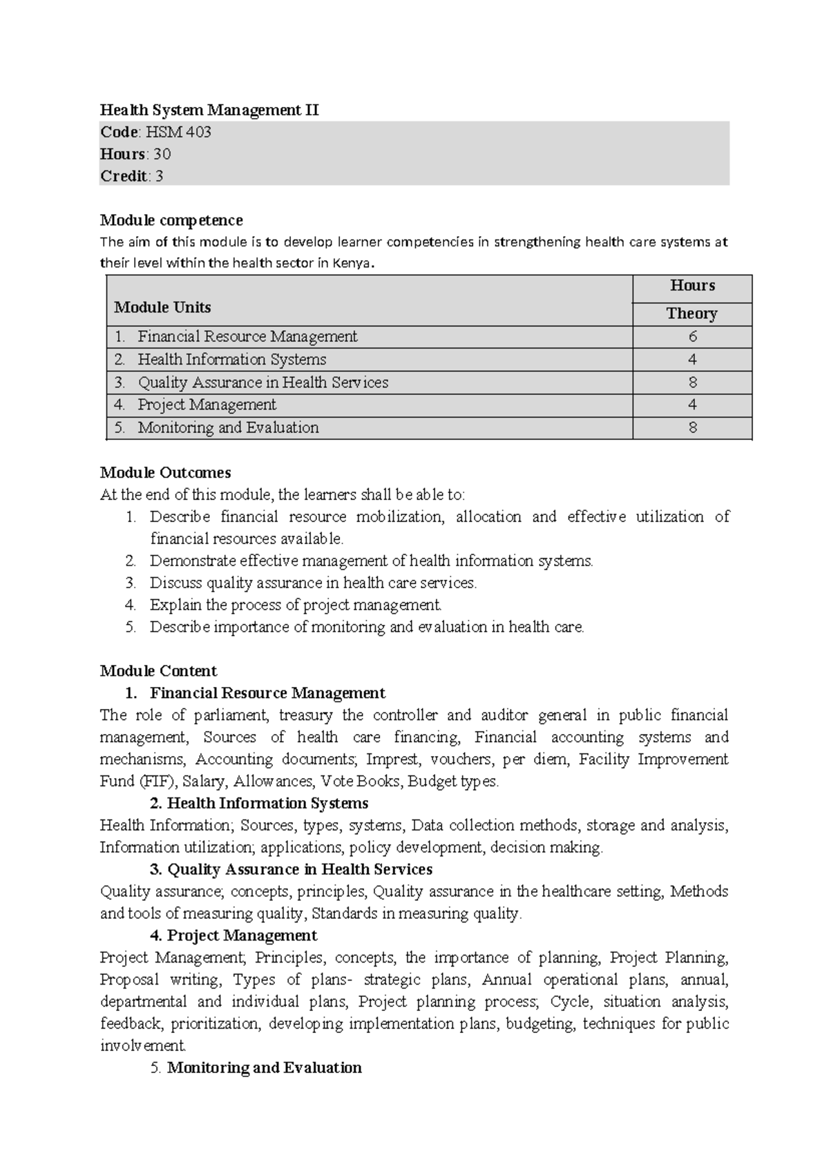 Health System Management II: HSM 403 Course Overview and Module Details ...