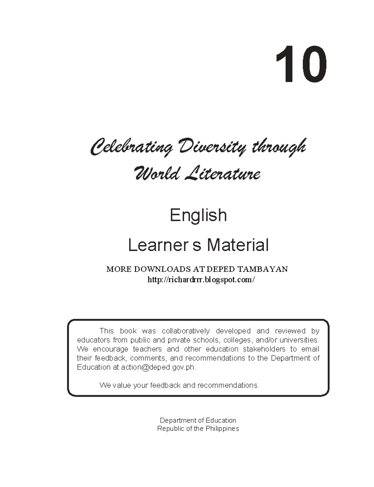 Grade 10 English: Celebrating Diversity through World Literature - Studocu