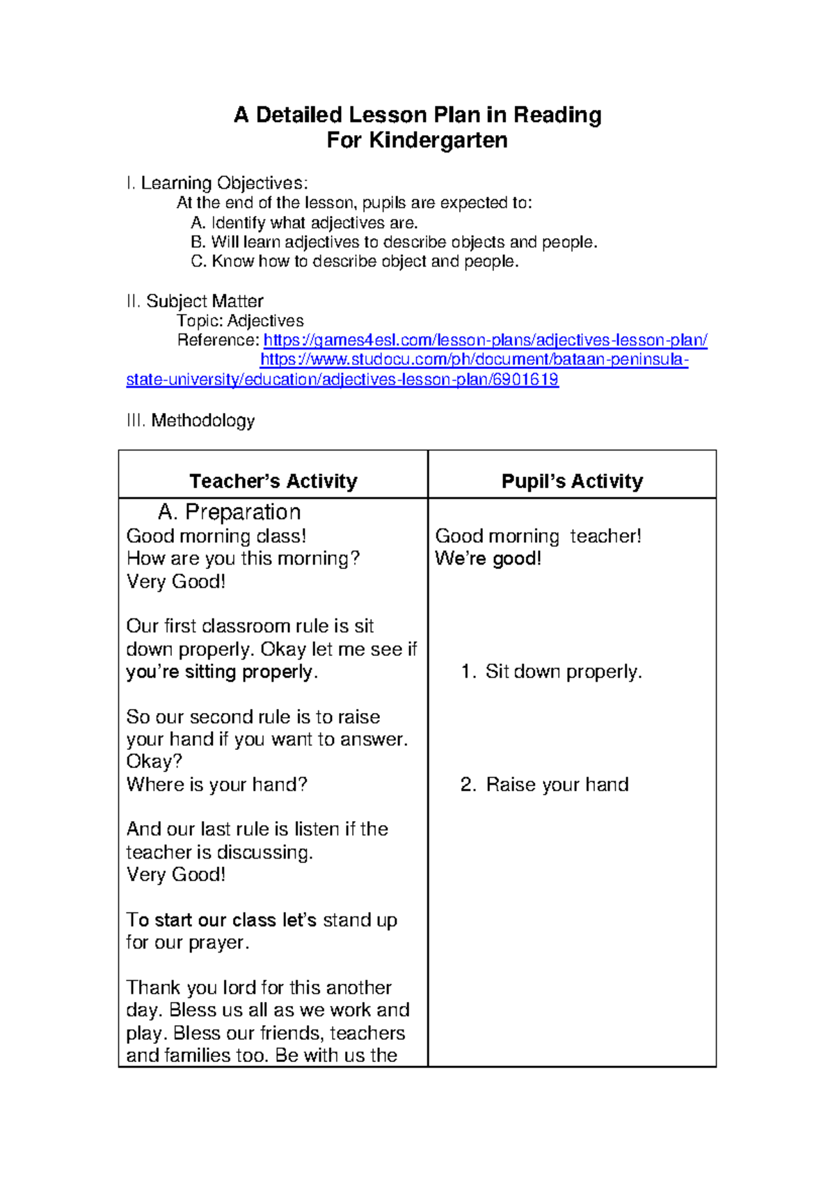 Kindergarten Lesson Plan: Introduction to Adjectives - Studocu
