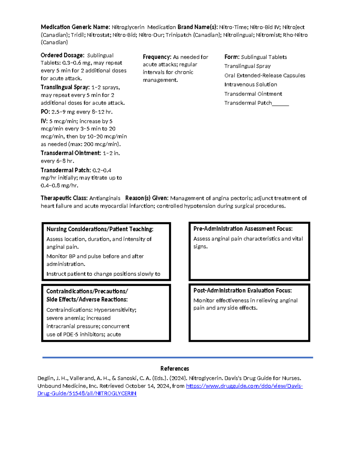 NSG223-Med Card: Nitroglycerin Overview and Nursing Considerations ...