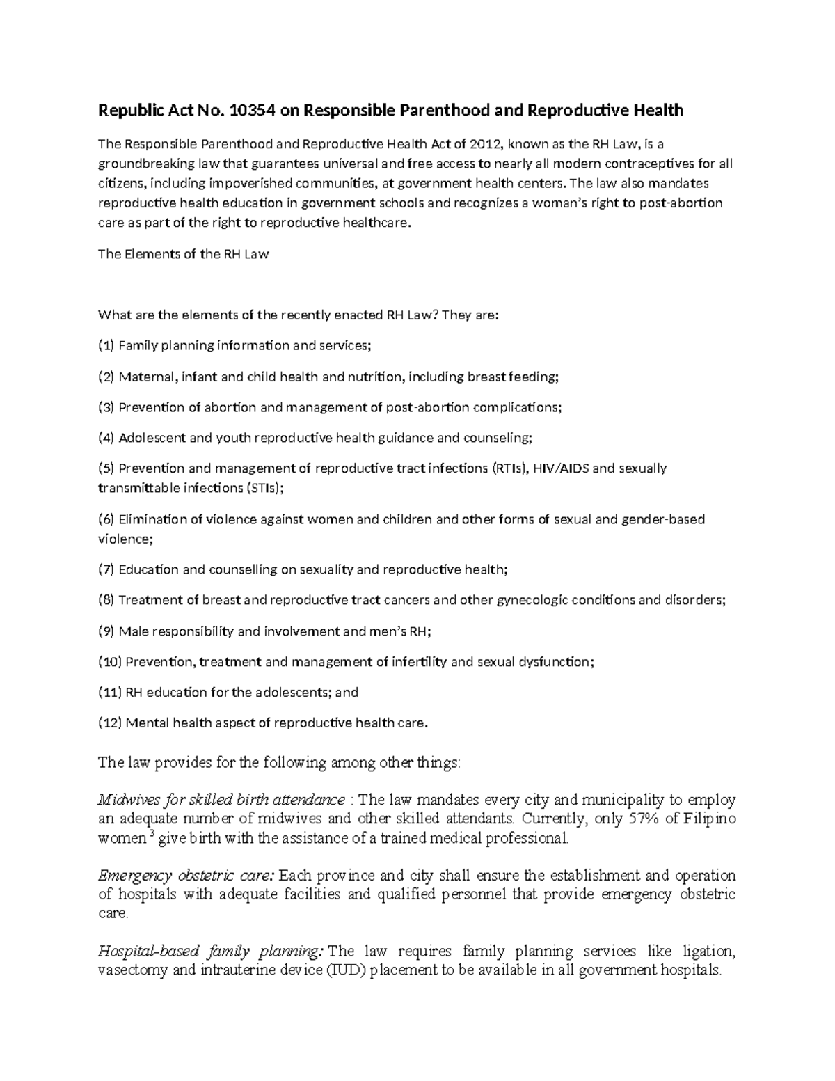 Republic Act No. 10354: Comprehensive Overview of RH Law - Studocu