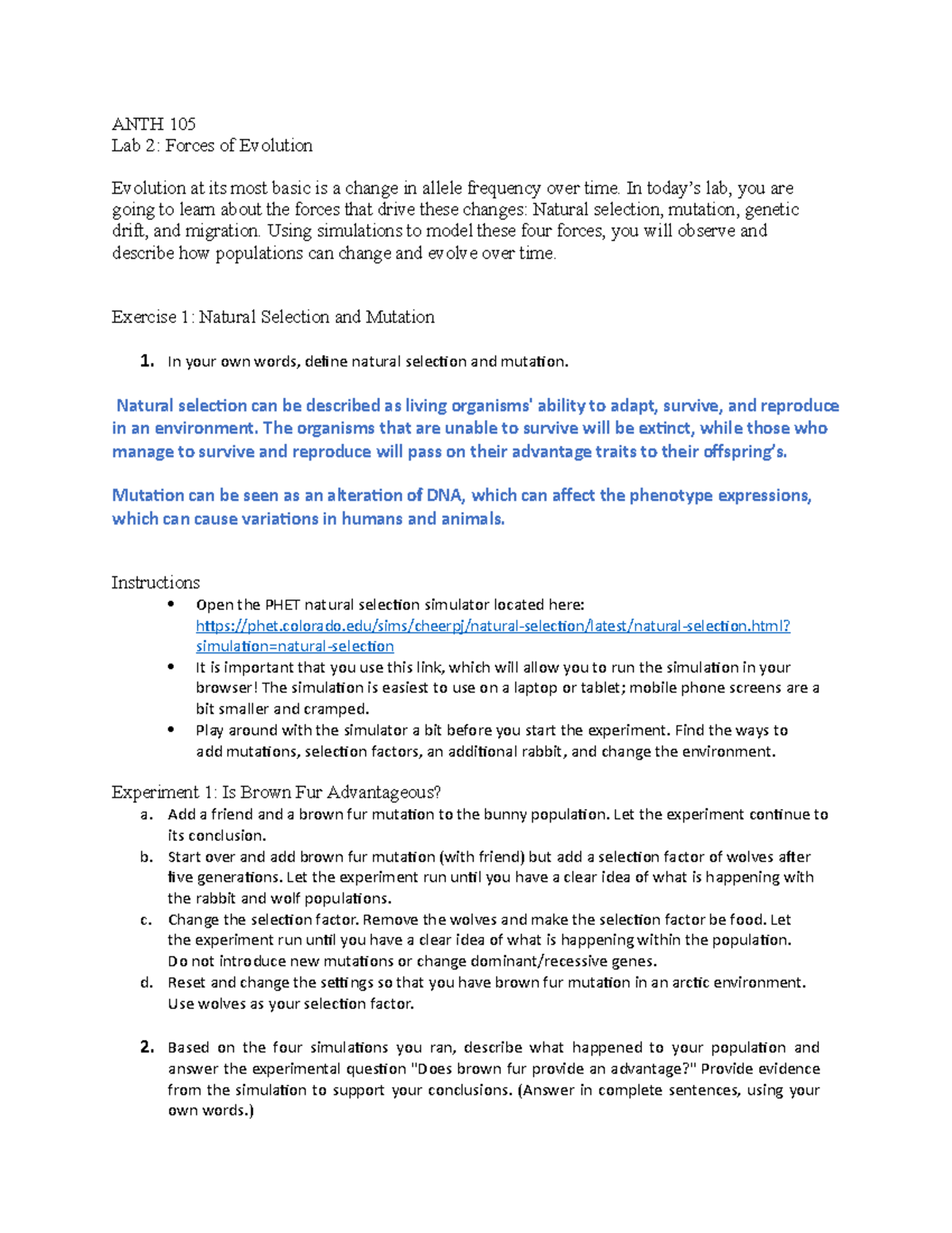 Lab packet 2 - Lab assignment - ANTH 105 Lab 2: Forces of Evolution ...