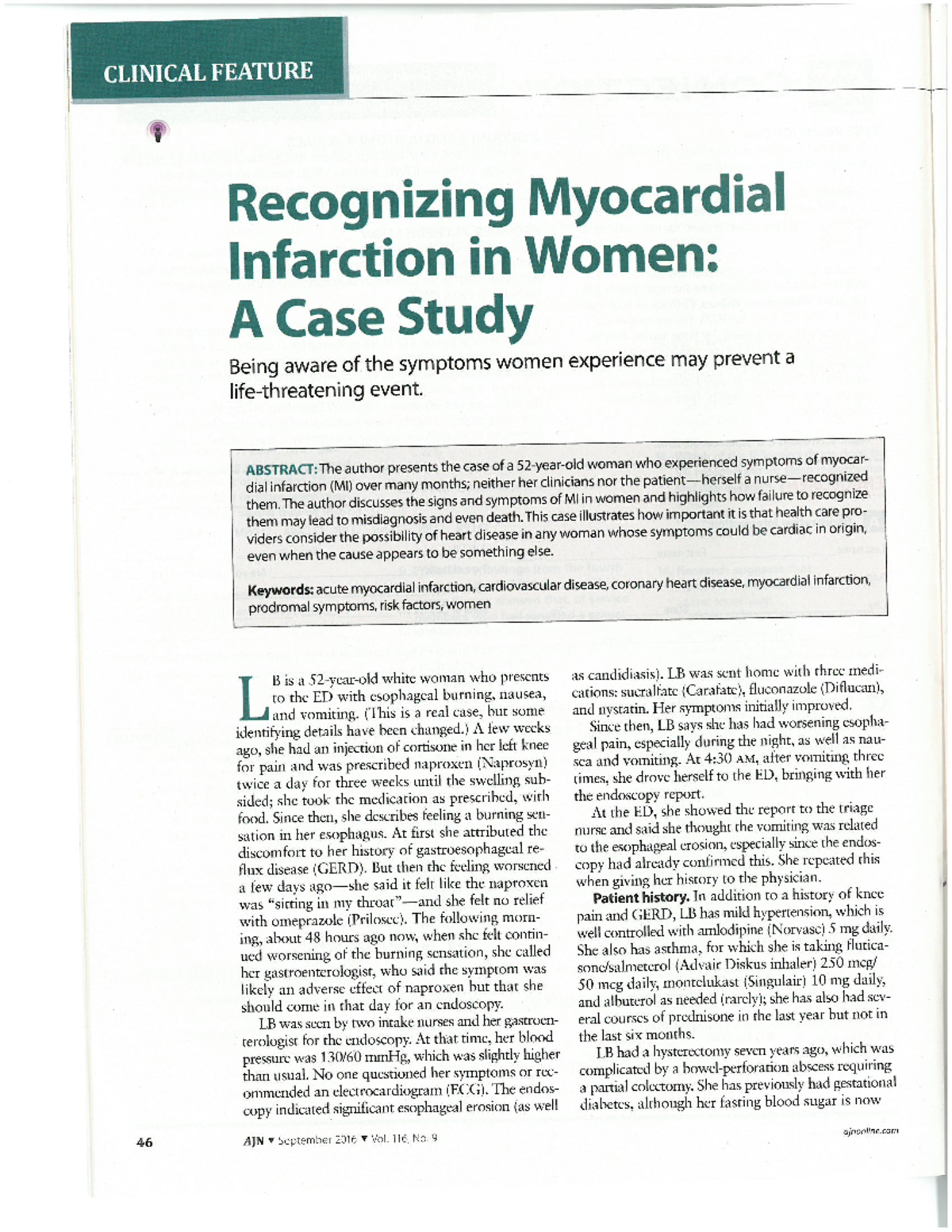 CLINICAL CASE STUDY: Recognizing Myocardial Infarction in Women - Studocu