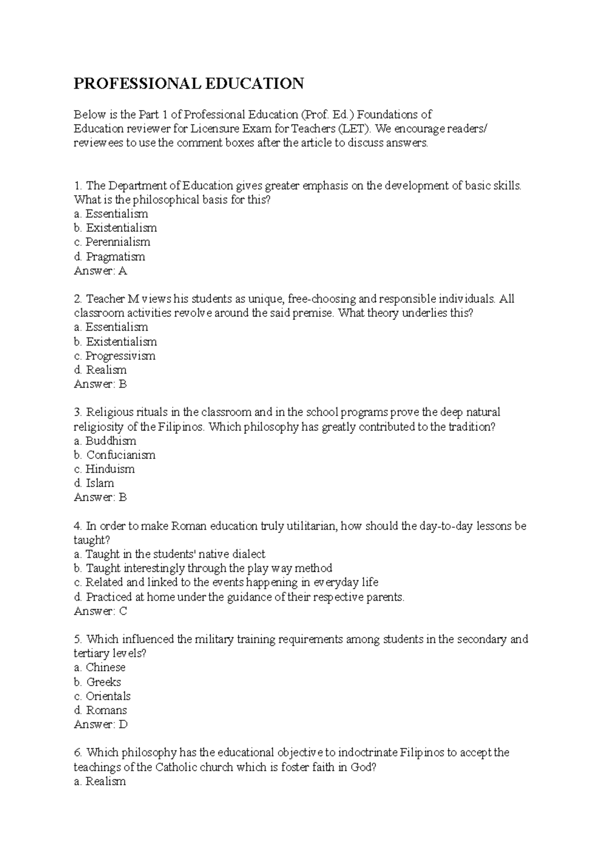 PROF ED Reviewer - PROF ED - PROFESSIONAL EDUCATION Below is the Part 1 of Professional ...