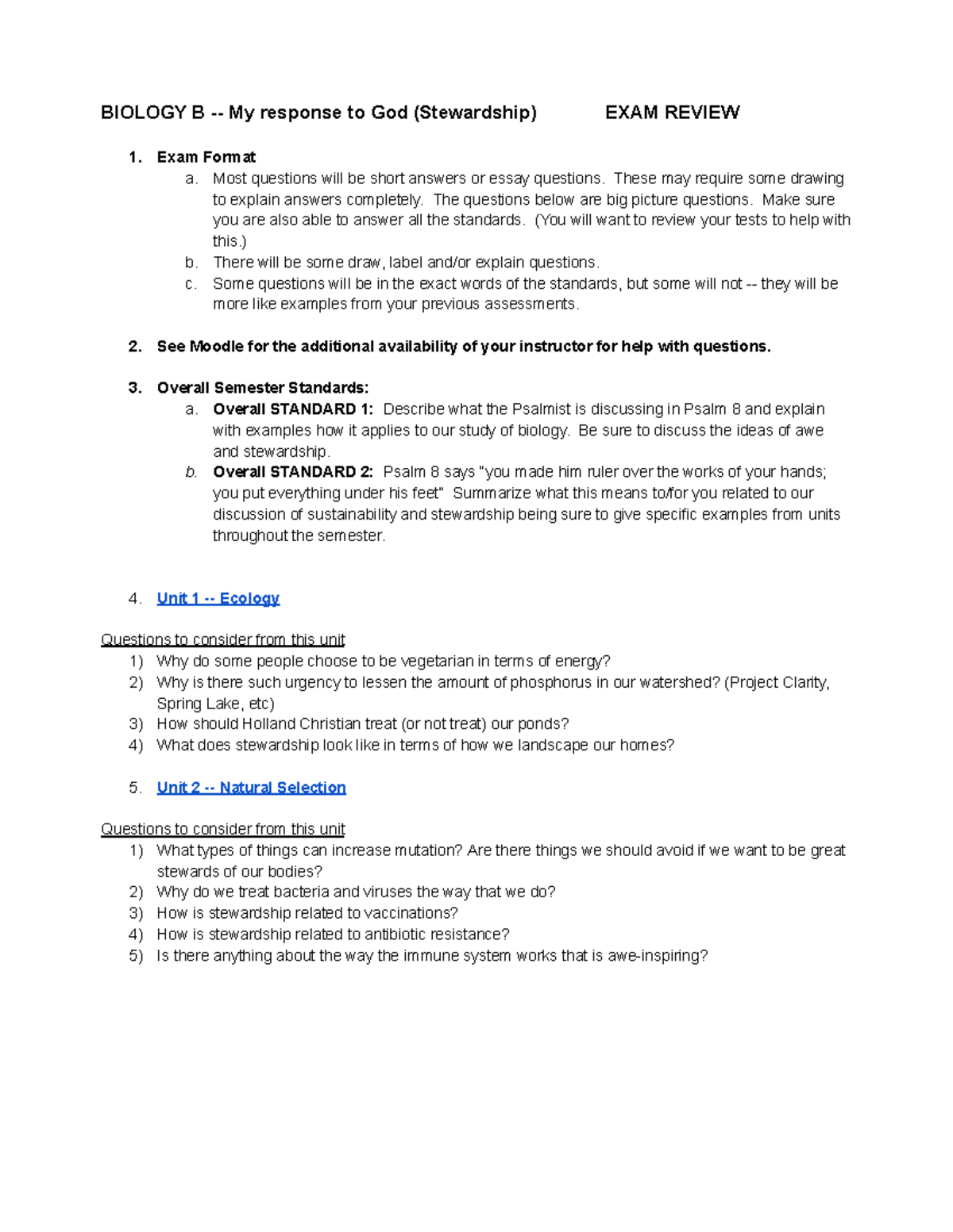 BIOLOGY B Exam Review: Stewardship & Natural Selection Insights - Studocu
