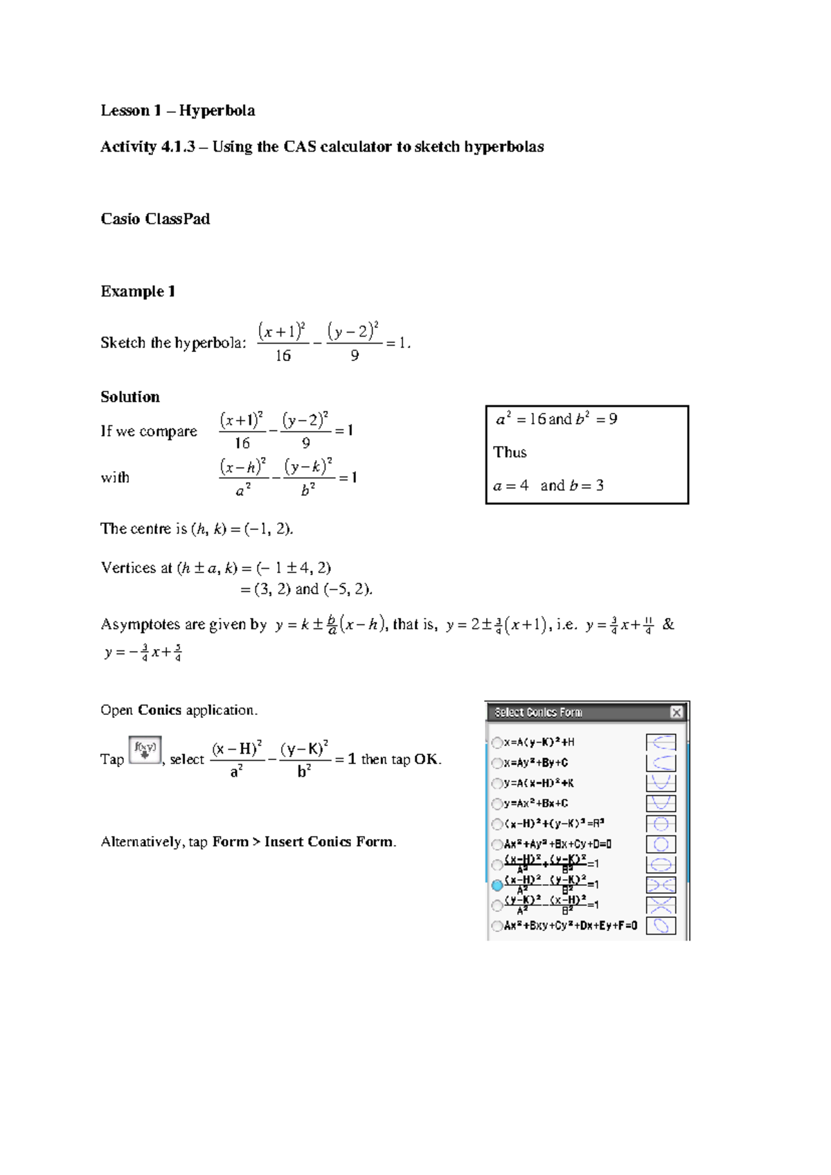 Activity 4 - help for CAS - Lesson 1 – Hyperbola Activity 4.1 – Using ...