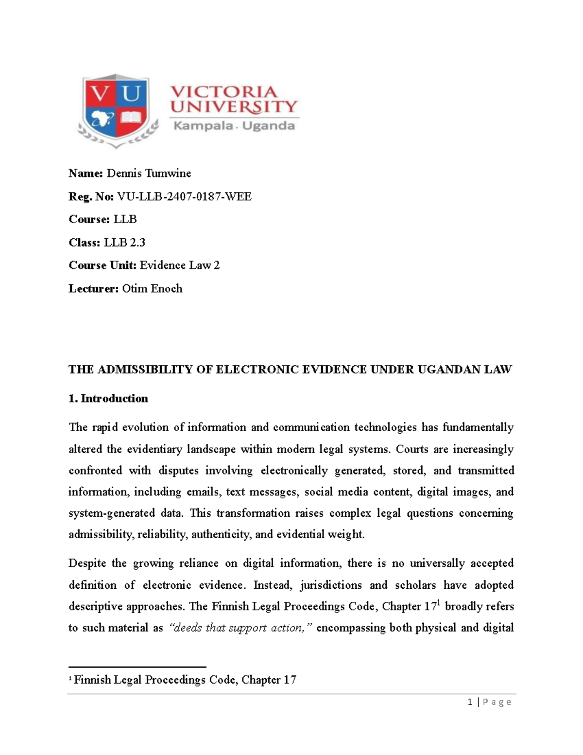 Admissibility of Electronic Evidence Under Ugandan Law: LLB 2.3 Essay ...