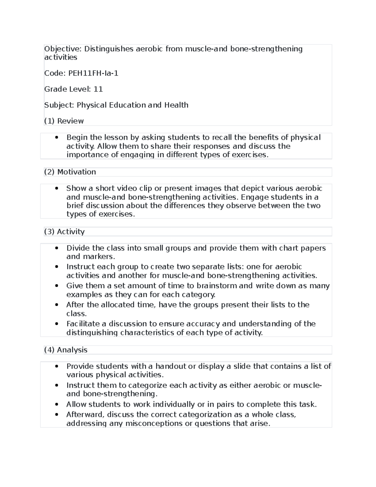 LP PEH11 Lesson 1 - Distinguishing Aerobic and Strengthening Activities ...