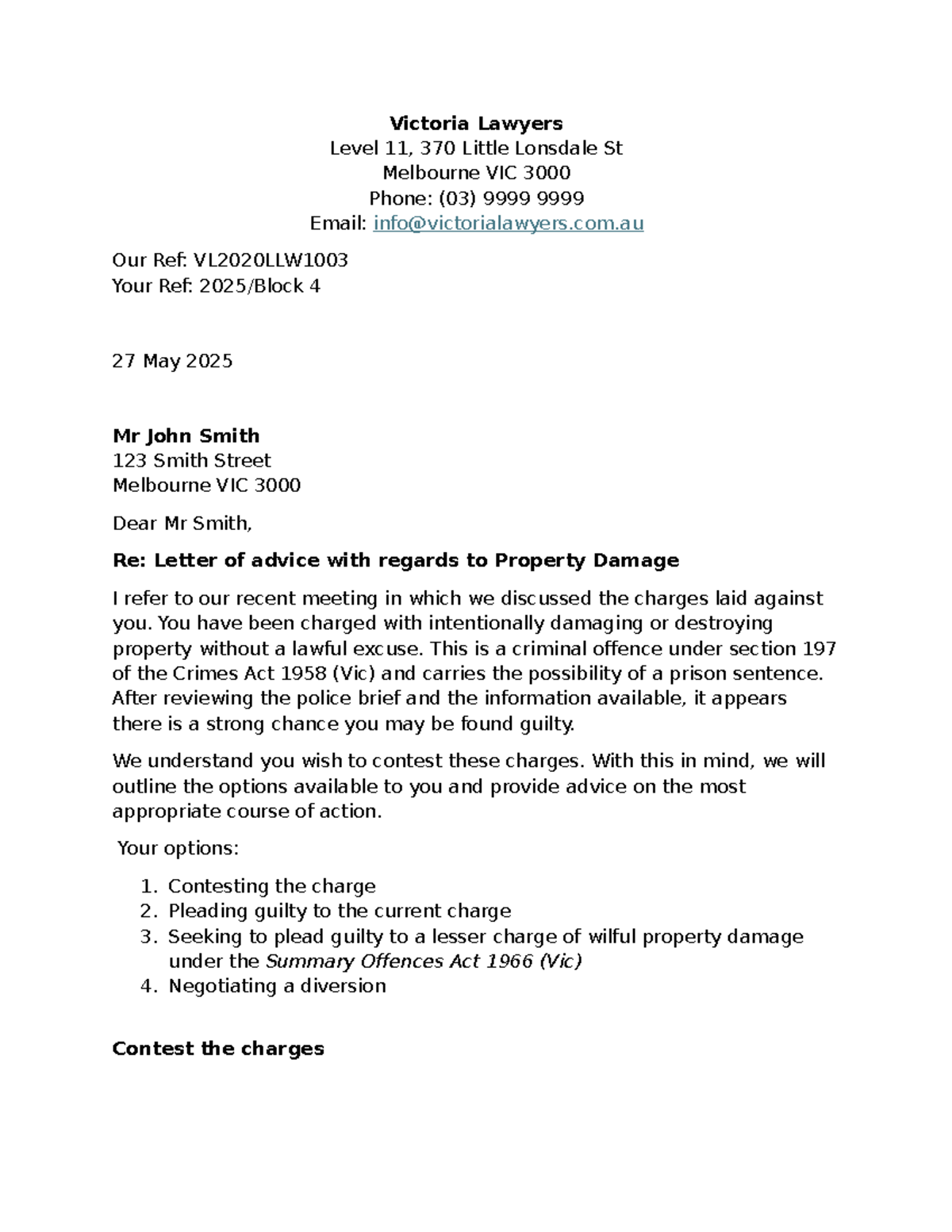 Letter of Advice on Property Damage Charges - Legal Writing & Drafting ...