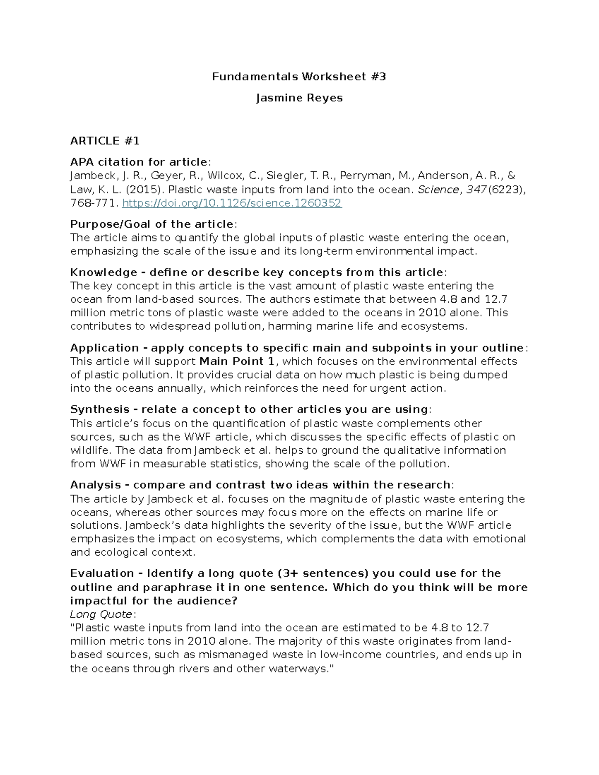 Fundamentals Worksheet 3: Analysis of Plastic Pollution Research - Studocu