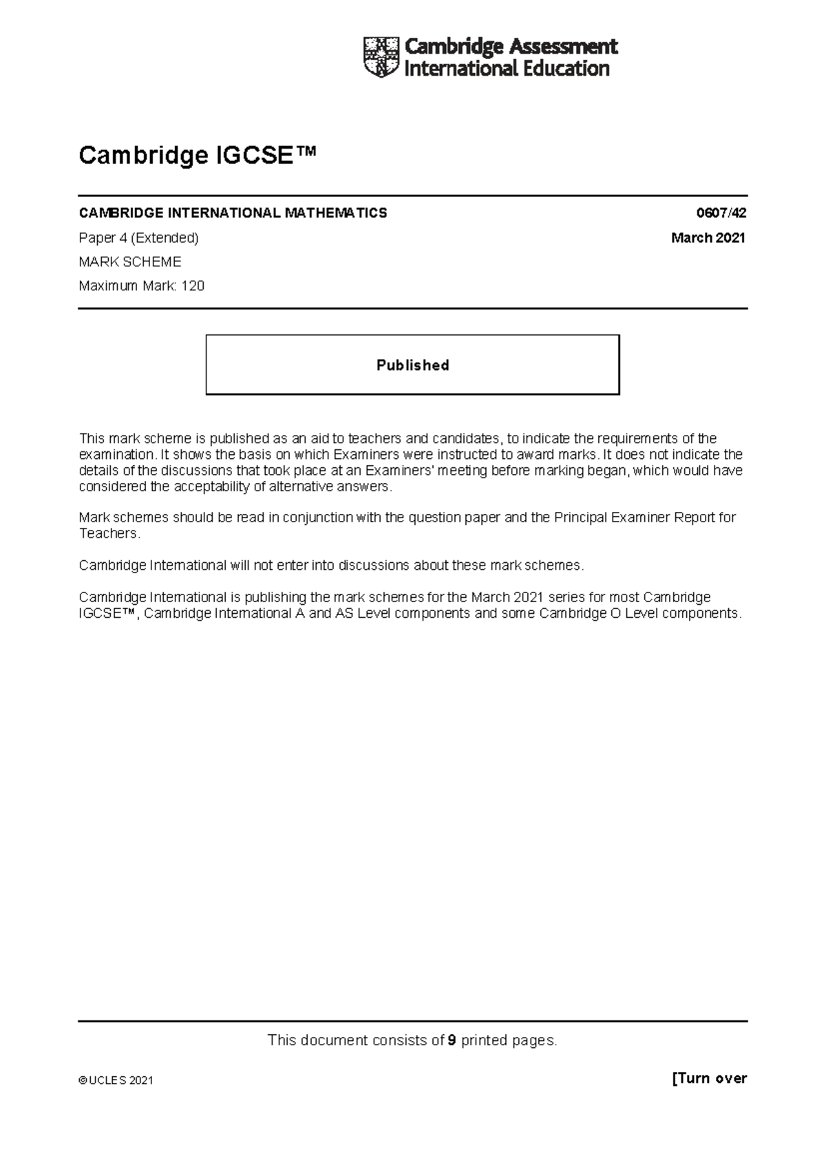 Cambridge IGCSE 0607 Mathematics Paper 4 Mark Scheme March 2021 - Studocu