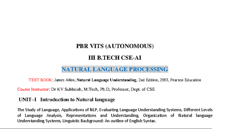 NLP 752089164 UNIT I - Comprehensive Notes on Natural Language ...