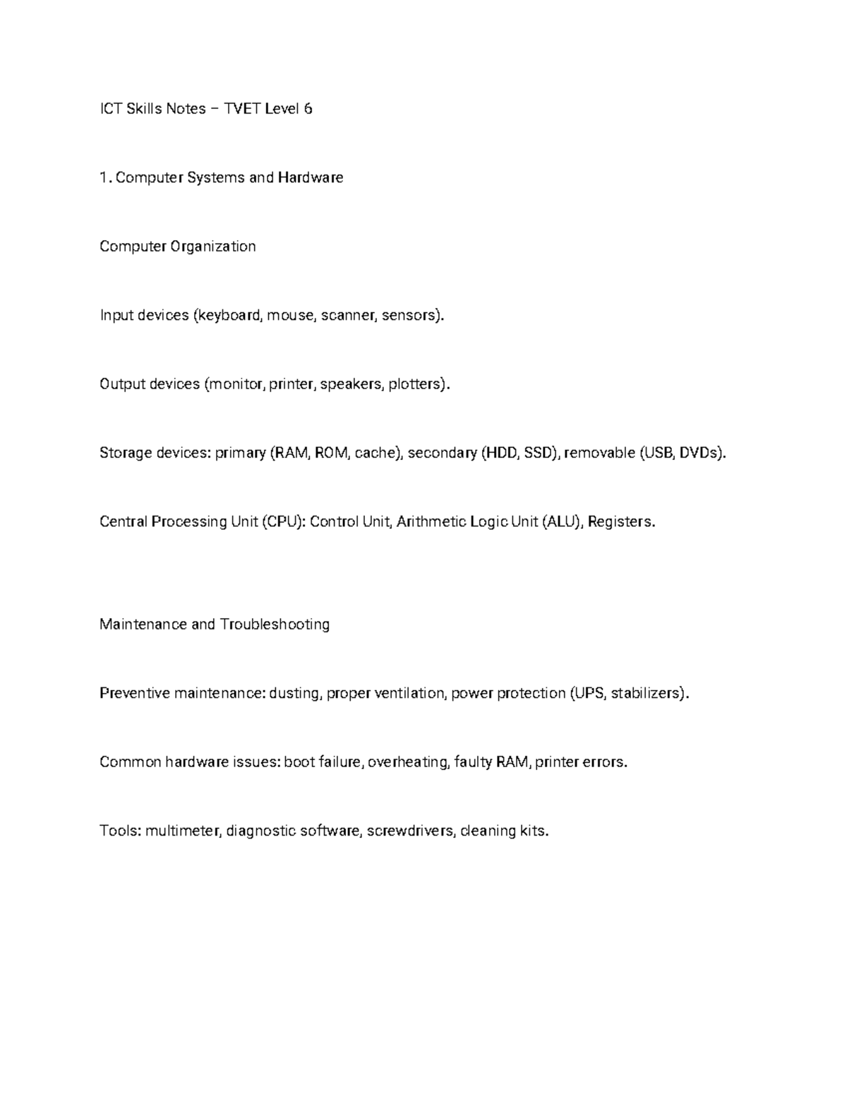 ICT Skills Notes – TVET Level 6: Computer Systems & Software - Studocu