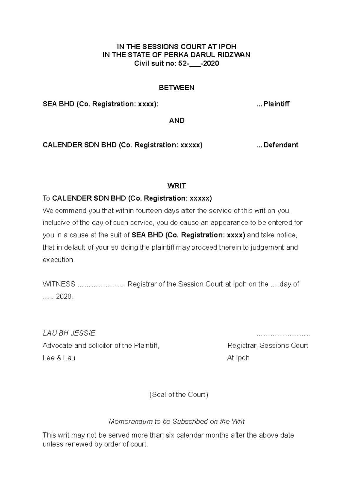 Civil Suit Writ: SEA BHD vs. CALENDER SDN BHD (Claim RM550,995.50 ...