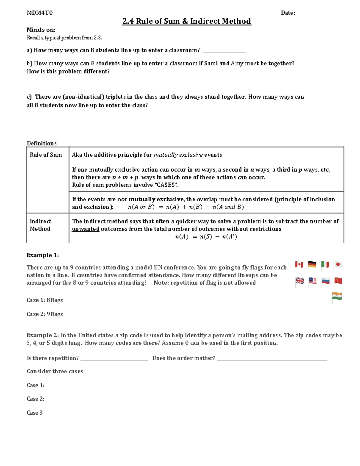 2.4 Rule of Sum - Helps prepare for chapter 2 in data - MDM4U0 Date: 2 ...