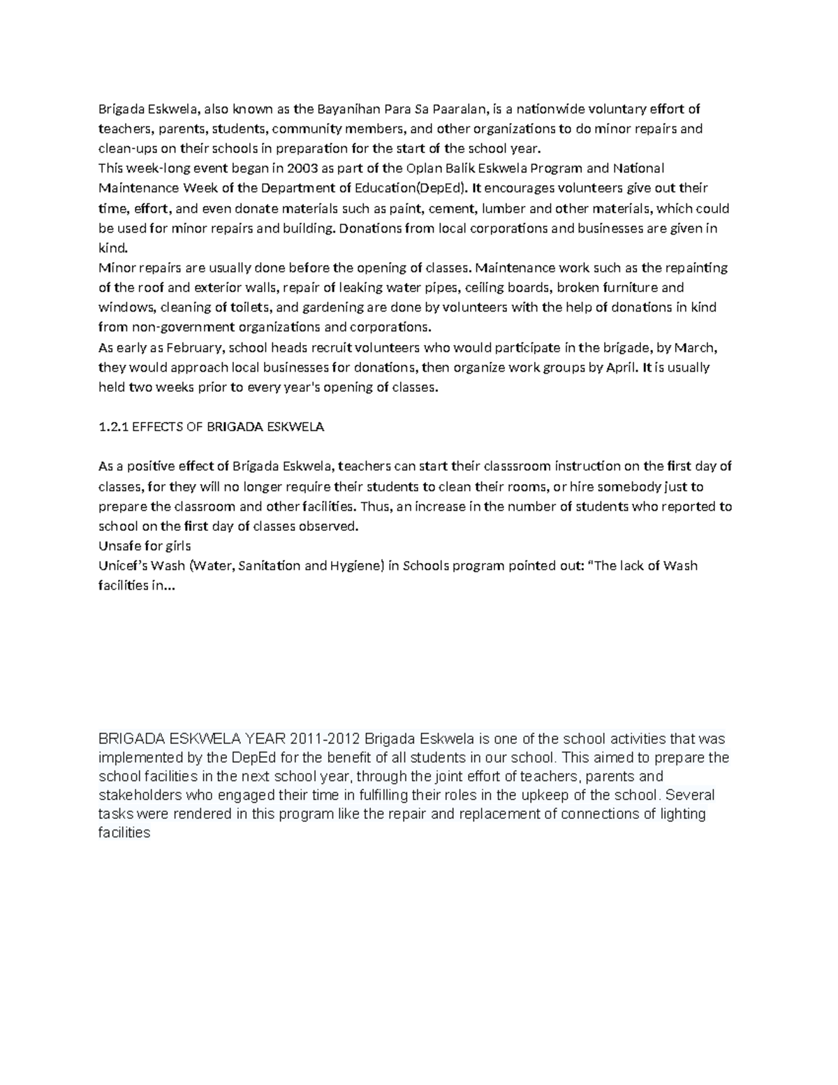 Brigada Eskwela: National School Maintenance Initiative Overview - Studocu