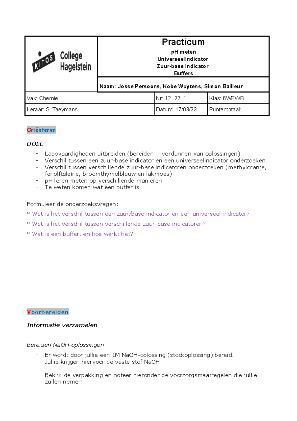 Chemie Practicum: Onderzoek naar Zuur-Base Indicatoren en Buffers - Studocu