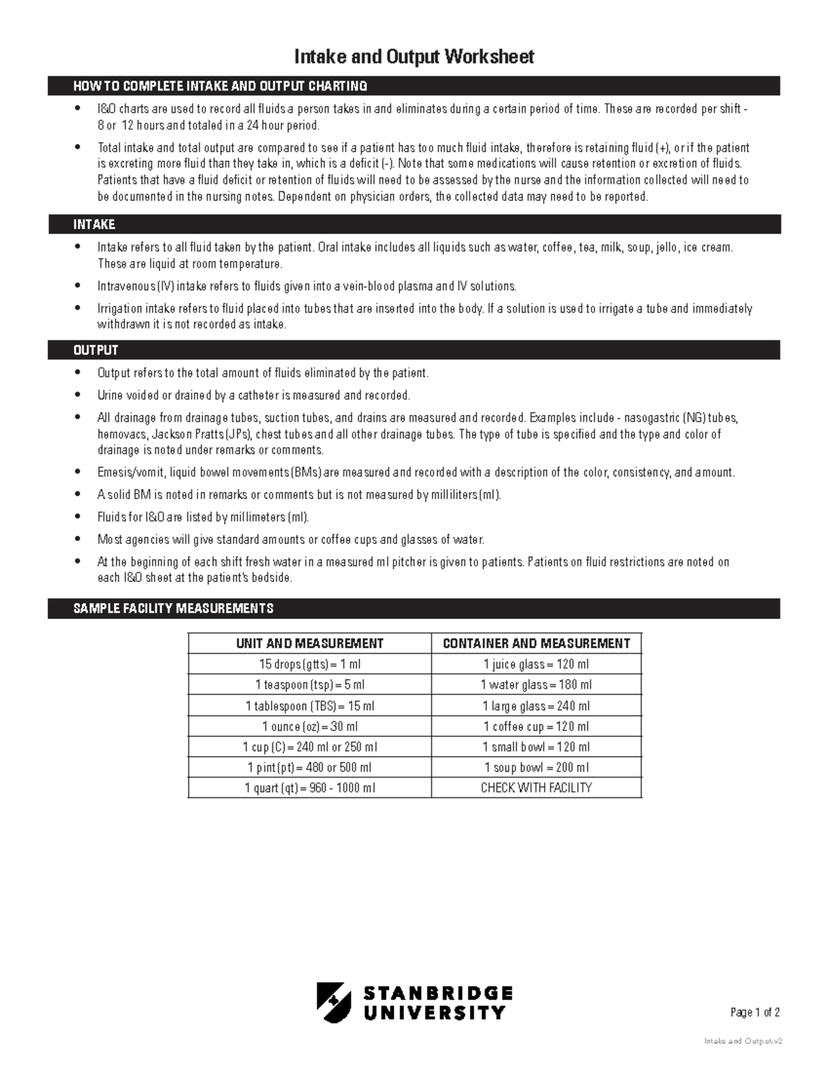 Intake and Output Worksheet Details - Intake and Output Worksheet Page ...