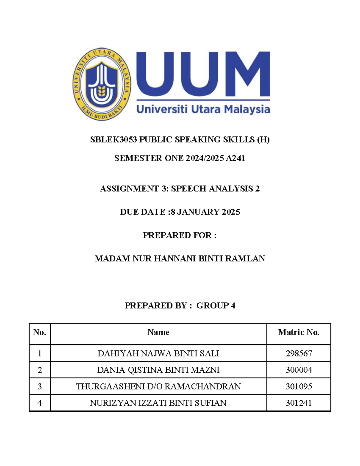 SBLEK3053 PUBLIC SPEAKING SKILLS (H) SEM 1 ASSIGNMENT 3: SPEECH ...