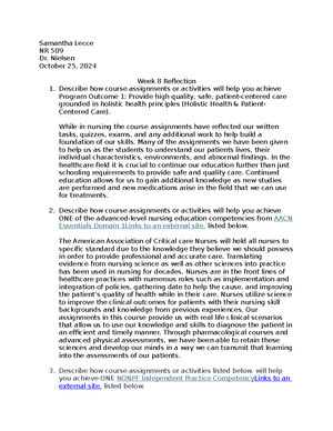 NR 509 Week 8 Reflection on Learning - Week 8 Reflection on Learning Chamberlain University ...