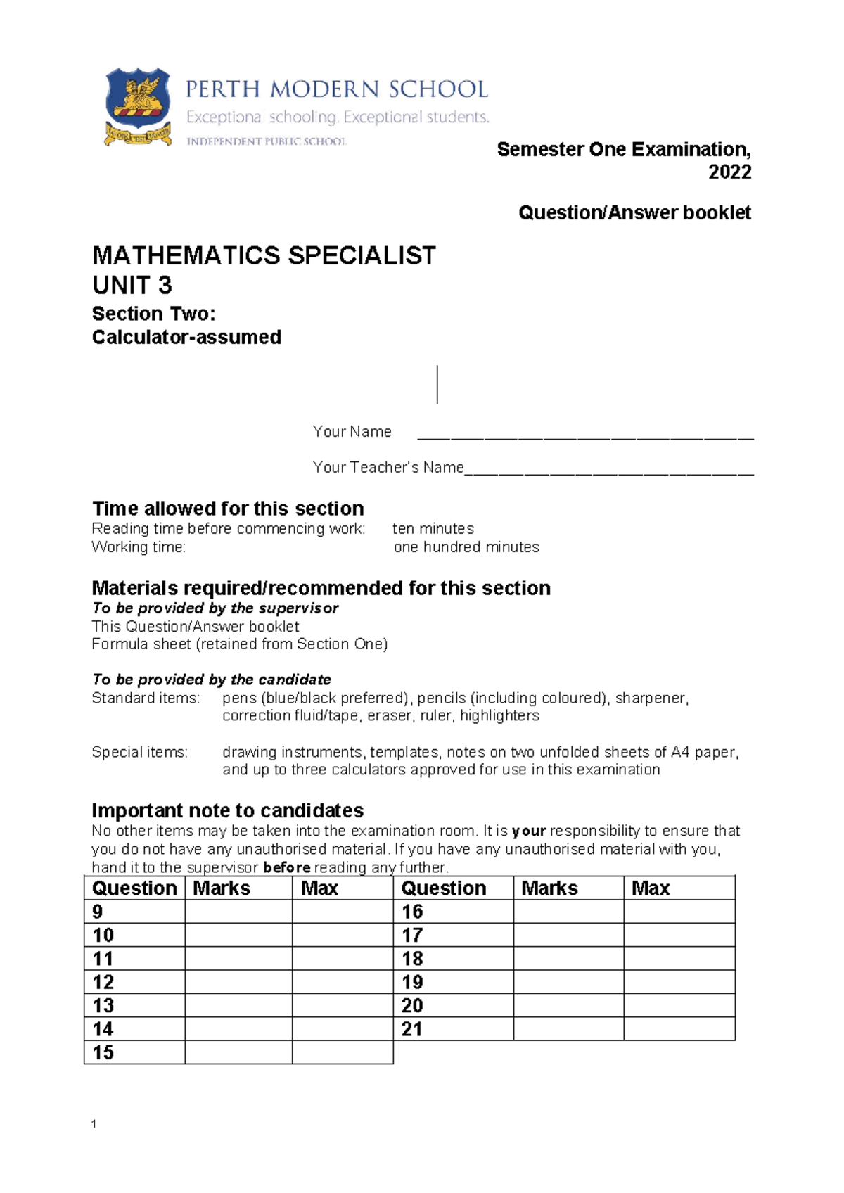 MATHEMATICS SPECIALIST UNIT 3 Semester One Exam 2022 - Studocu