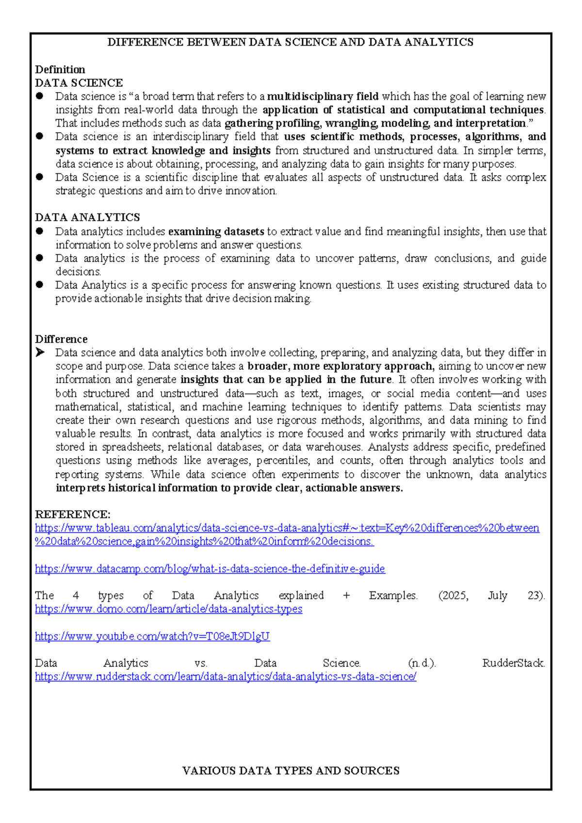 DATA 101: Difference Between Data Science and Data Analytics - Studocu