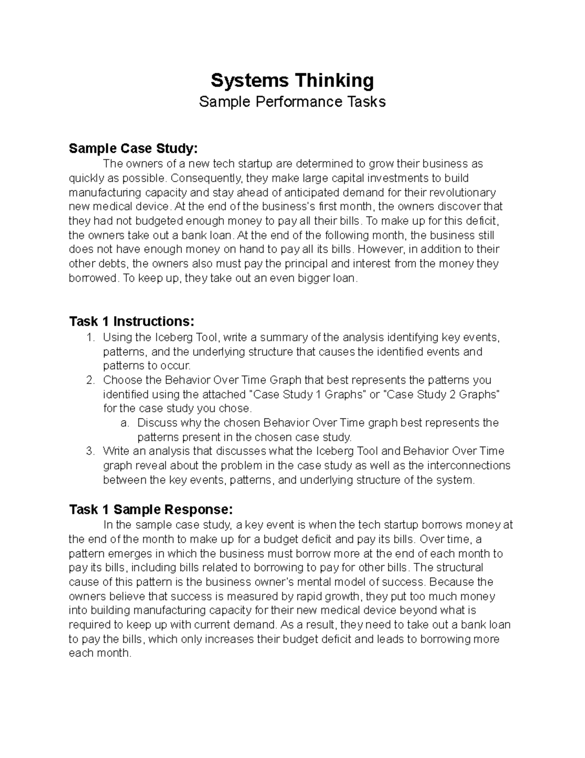 Systems Thinking PA Exemplar - Copy - Systems Thinking Sample Performance Tasks Sample Case ...