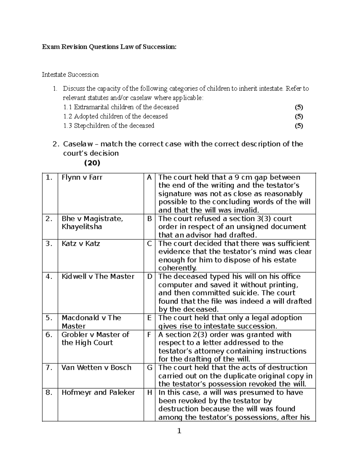 Exam Questions: Law of Succession (Intestate Succession) - Studocu