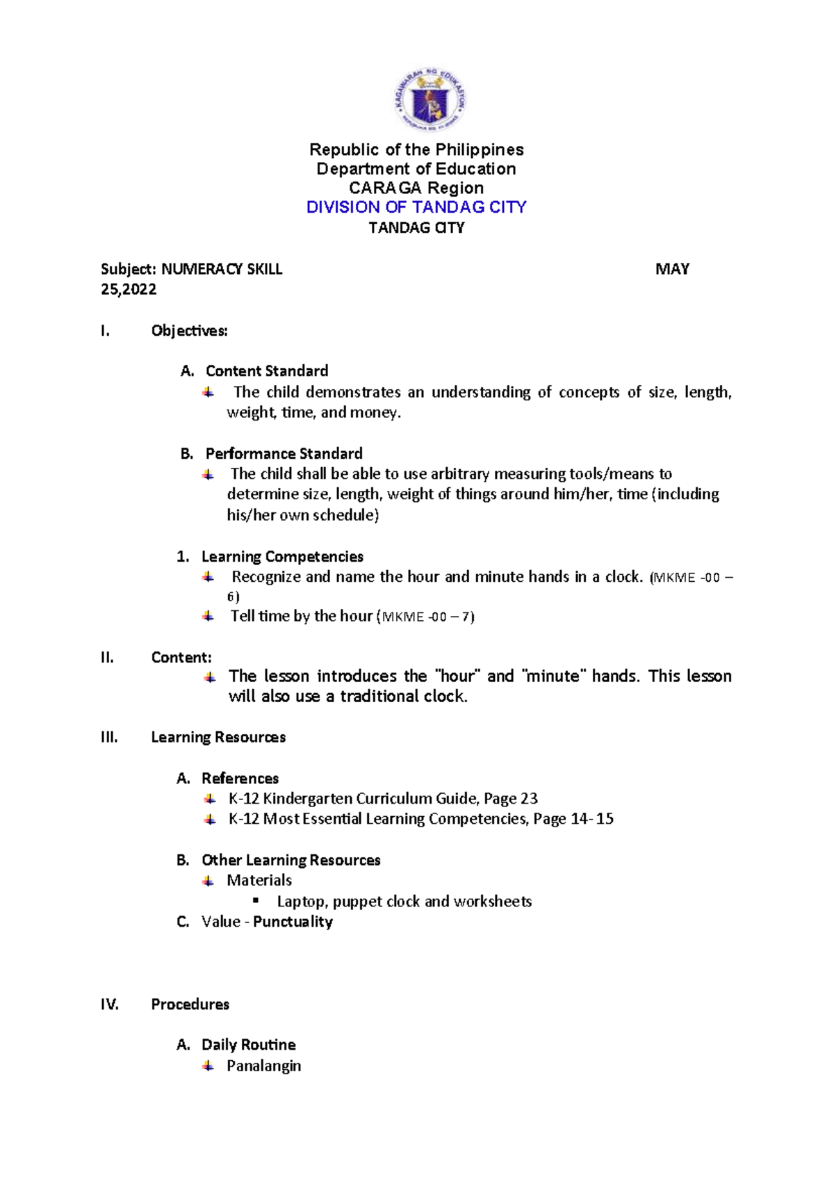 Numeracy Skills Lesson Plan (MKME 6 & 7) - Tandag City - Studocu