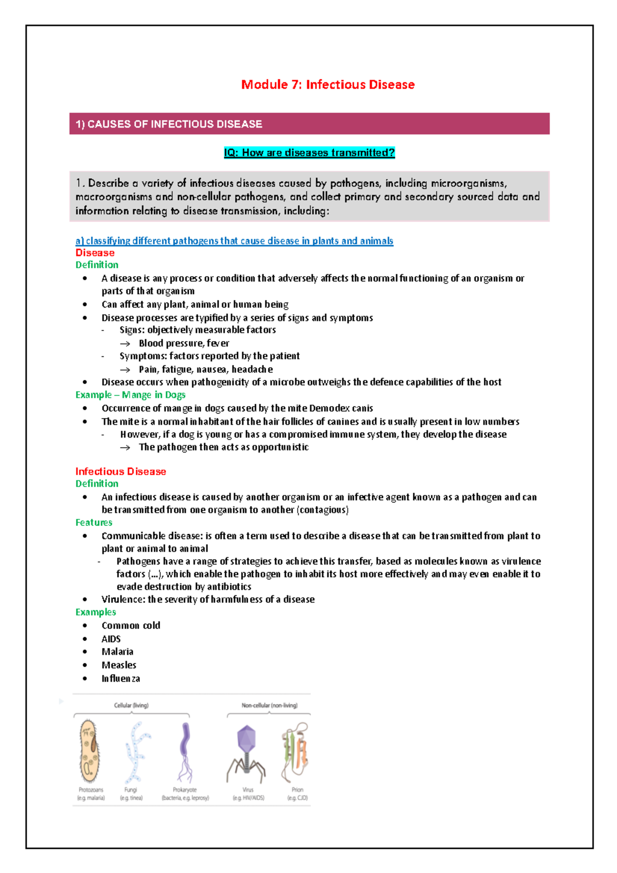 Module 7: Summary Notes on Infectious Diseases and Their Transmission ...