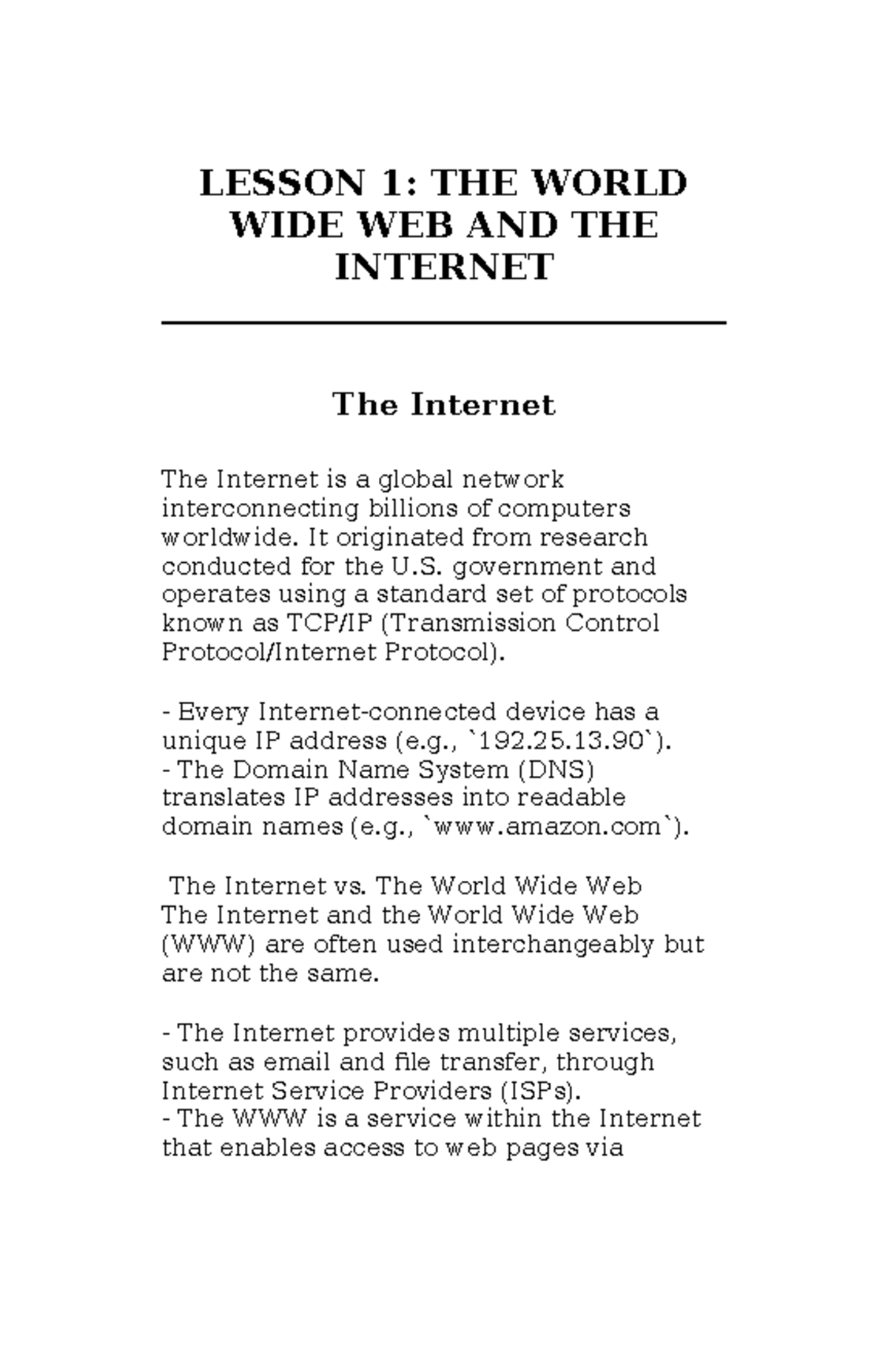 WBDV Prelim - LESSON 1: THE WORLD WIDE WEB AND THE INTERNET The ...