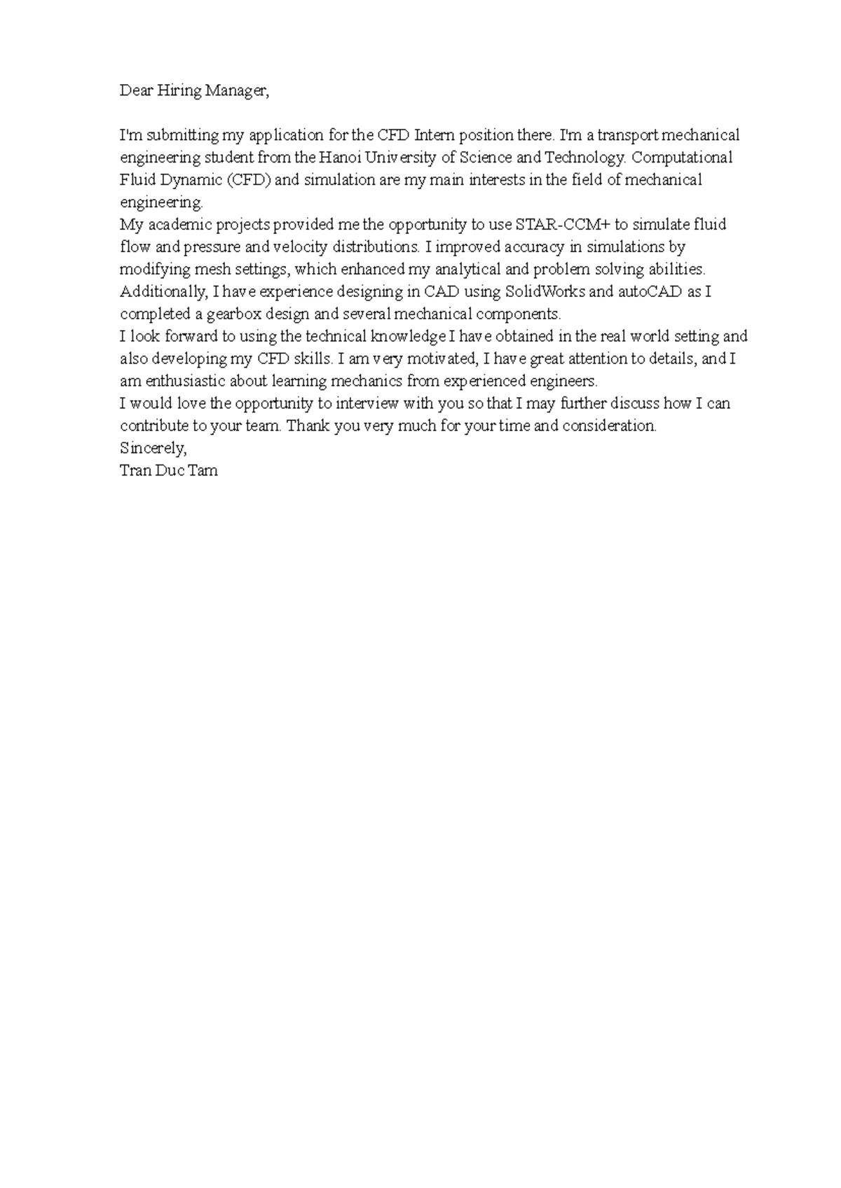 CFD Intern Application - Tran Duc Tam's Cover Letter - Studocu