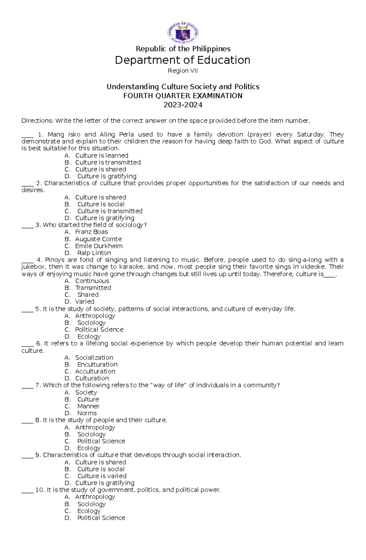 TQ- Q4 - 2023 Fourth Quarter Exam in UCSP: Understanding Culture and ...