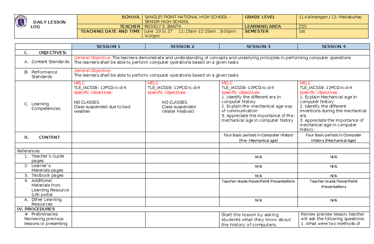 DLL-CSS11 Week 2 - Daily Lesson Log on Computer History - Studocu