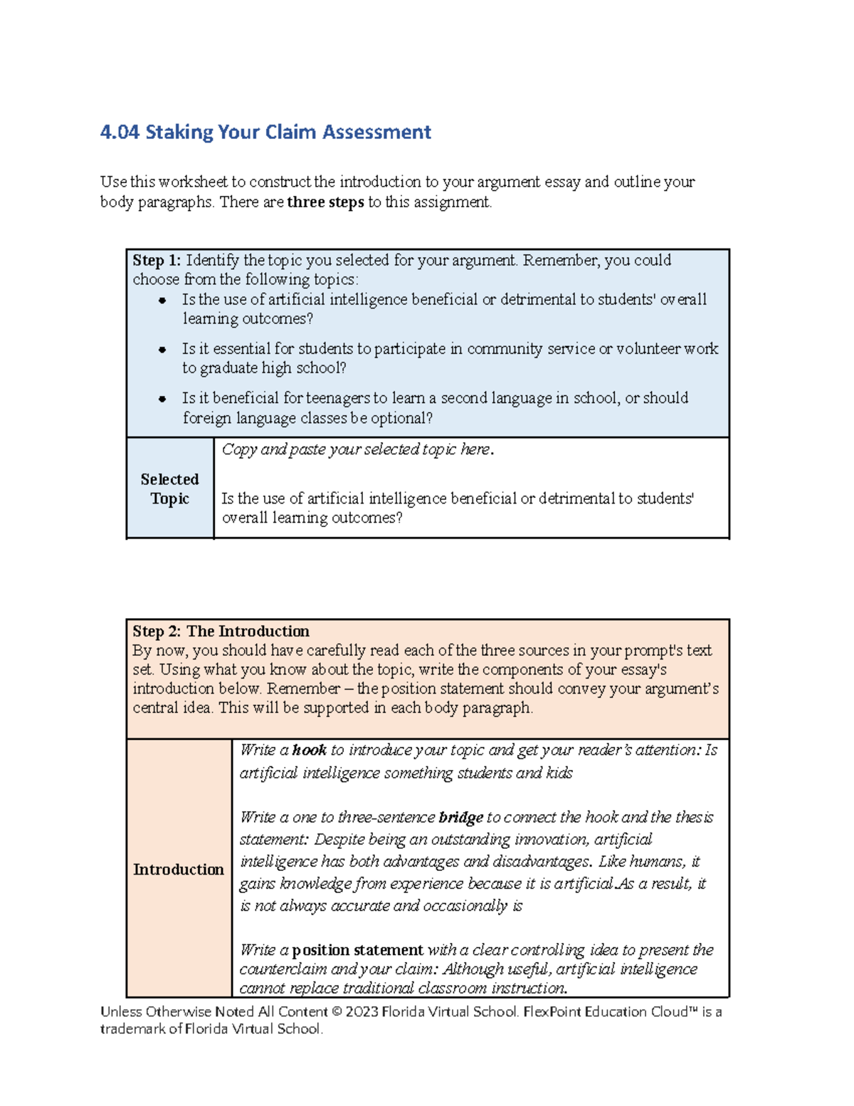 Copy of 4.04 Staking Your Claim Assessment & Rubric - 4 Staking Your ...