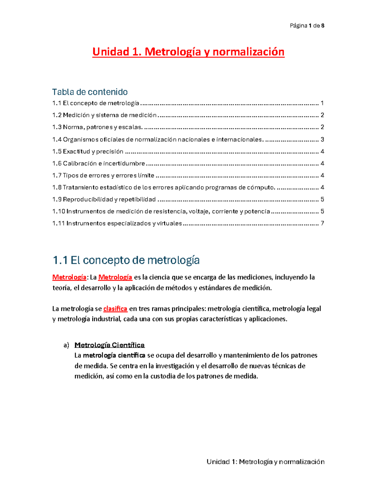 Unidad 1: Metrología y Normalización - Contenido y Conceptos Clave ...