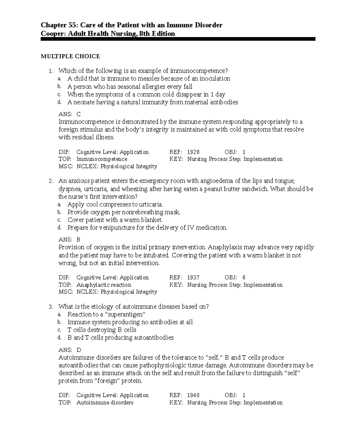Chapter 55 Study Notes: Care of Patients with Immune Disorders - Studocu