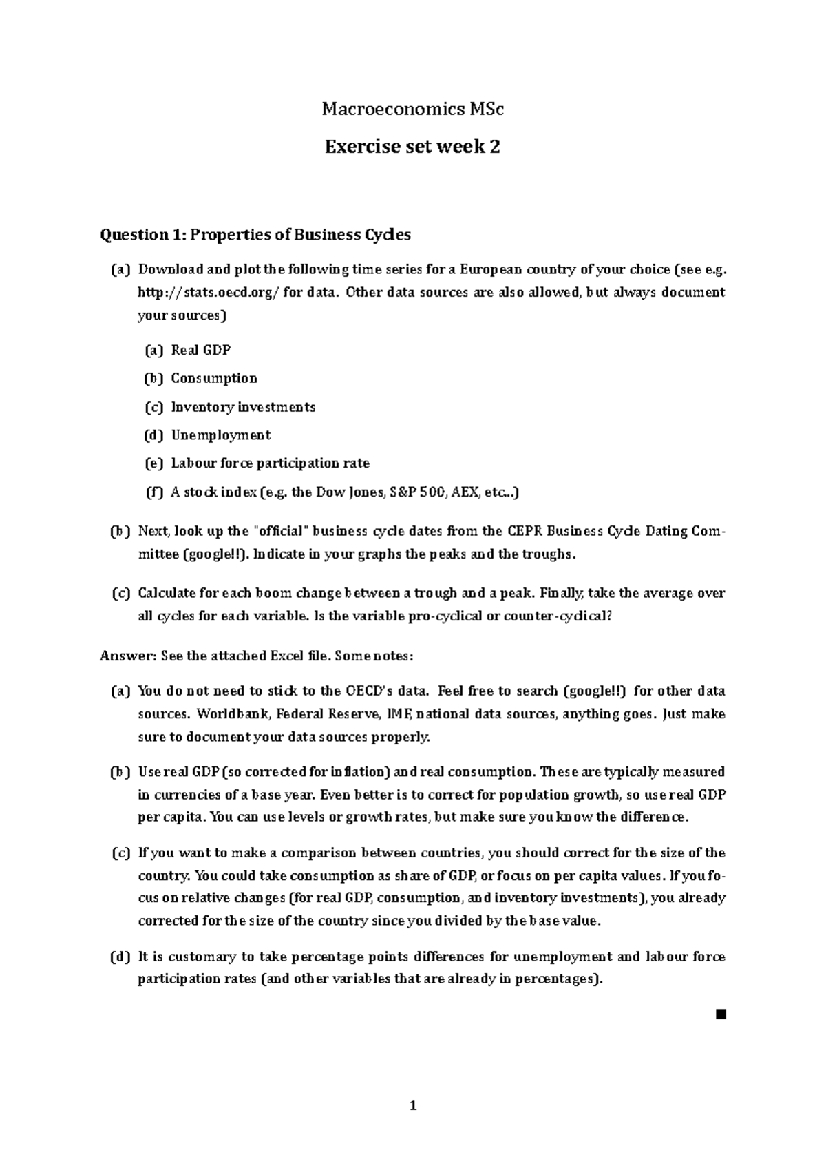 Macroeconomics MSc Exercise Set Week 2 - Solutions and Analysis - Studeersnel