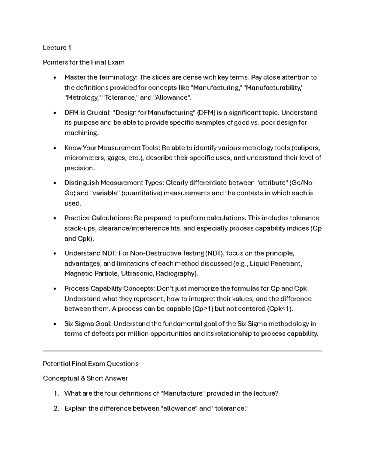 MIAE 311 Lecture 1 Study Guide: Key Concepts for Final Exam - Studocu